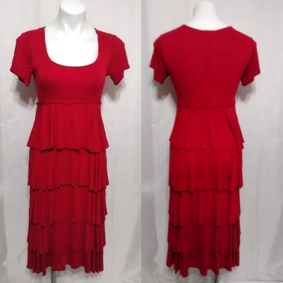 Ruby Jane | Dresses | Ruby Jane Scoop Neck Raw Seams Red Tiered Midi ...